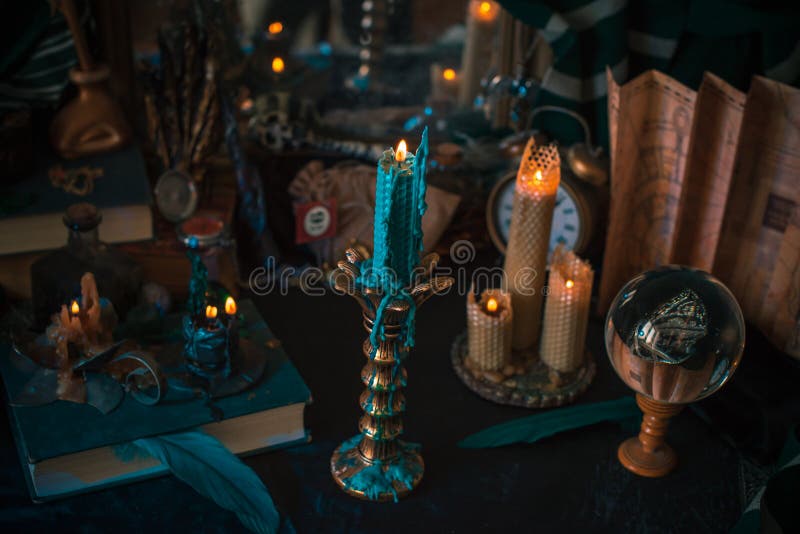 Wizard Altar with a Burn Candles, Magic Concept, Occult Stuff Stock ...