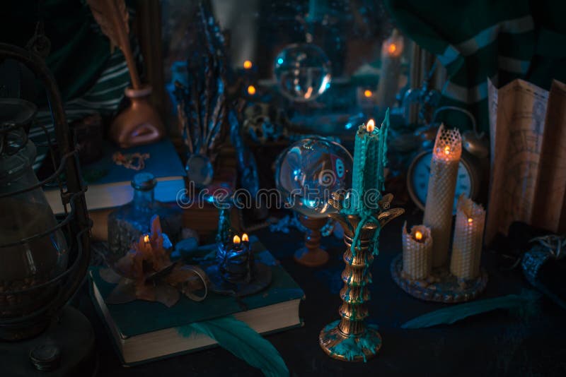 Wizard Altar with a Burn Candles, Magic Concept, Occult Stuff Stock ...