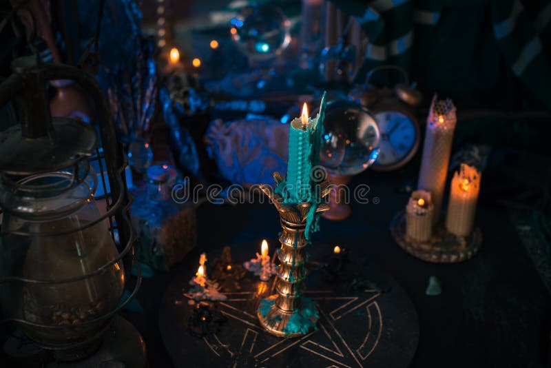 Wizard Altar with a Burn Candles, Magic Concept, Occult Stuff Stock ...