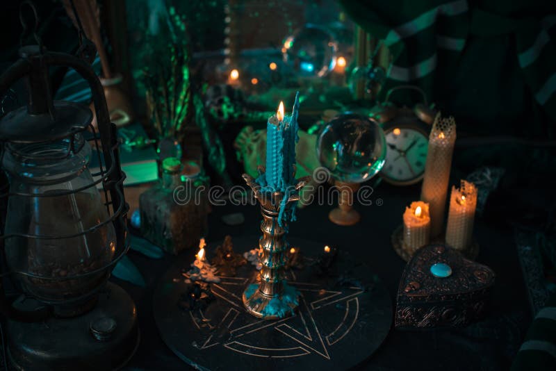 Wizard Altar with a Burn Candles, Magic Concept, Occult Stuff Stock ...