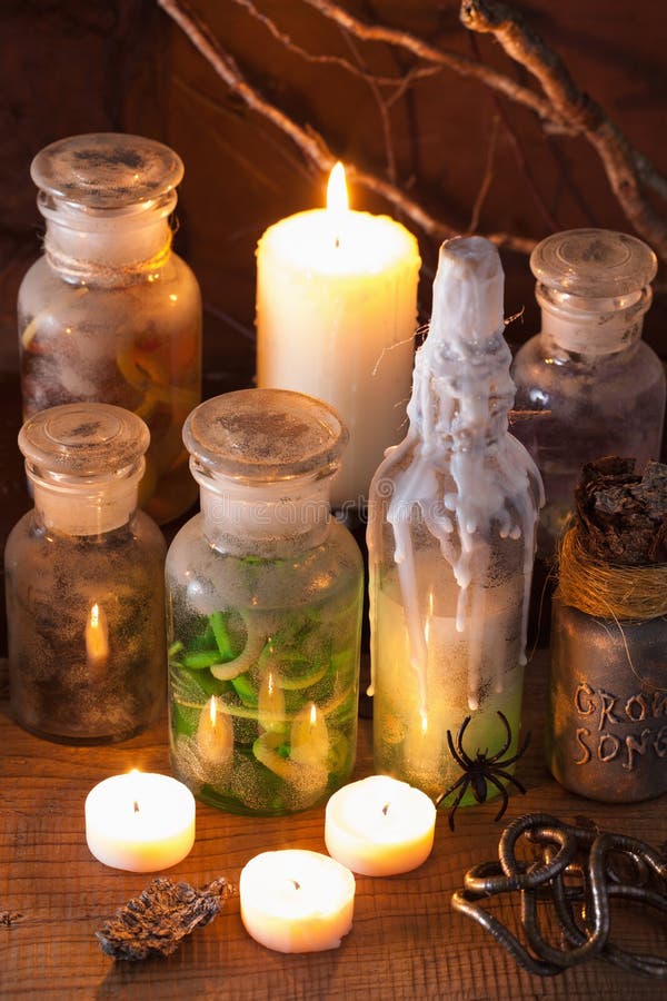 Witch Apothecary Jars Magic Potions Book Halloween Decoration Stock ...