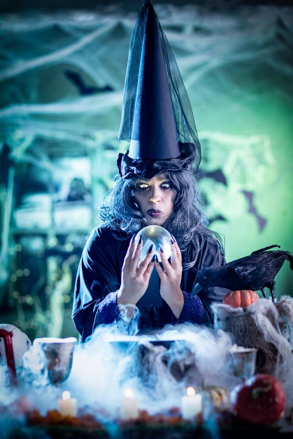 Witch Sends Evil Makes with Magic Ball Stock Photo - Image of candle ...