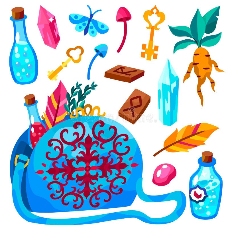 Witch Bag, Witchcraft Items, Magic Vector Illustration Set. Flat Design ...