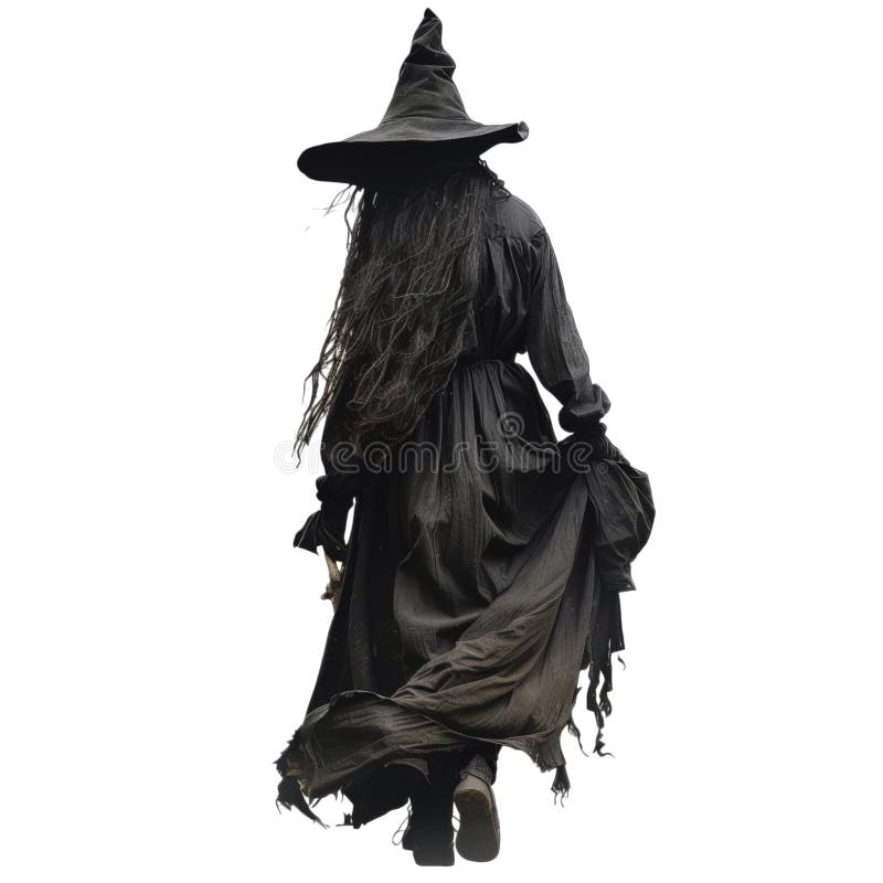 A Witch in a Black Robe and Hat, Walking Away from the Camera Stock ...
