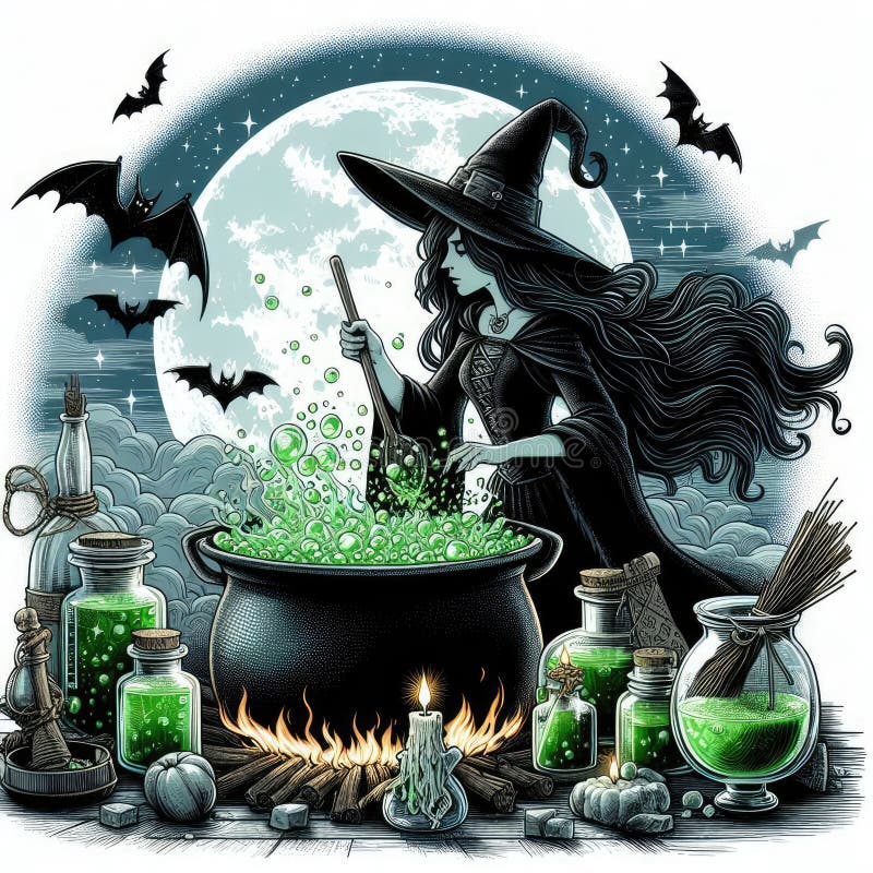 Witch Brewing Potion in Cauldron with Magical Ingredients Under Full ...