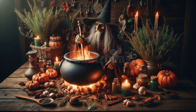 Witch Brewing Potion in a Darkened Magical Setting Stock Illustration ...
