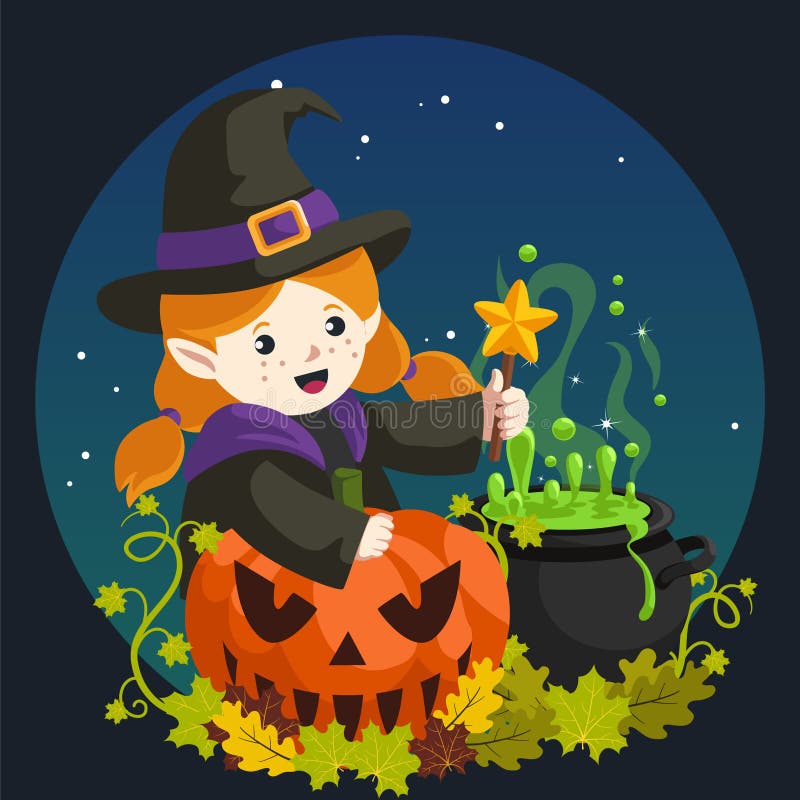 Witch Brewing Potion with Magic Wand Stock Illustration - Illustration ...