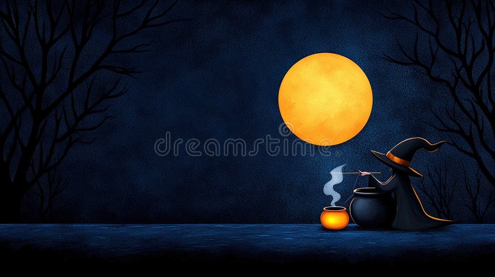 Witch Brewing Potion Under a Full Moon Dark Night Eerie Atmosphere ...
