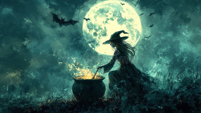 Witch Brewing Potion Under Full Moon Stock Illustration - Illustration ...