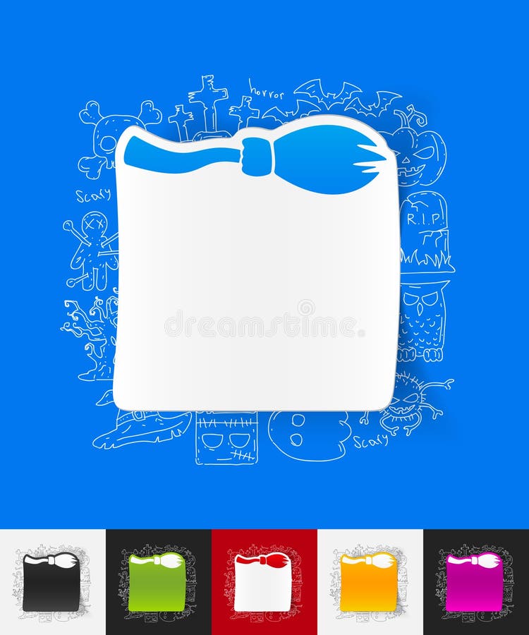 Witch Broom Paper Sticker with Hand Drawn Elements Stock Vector ...