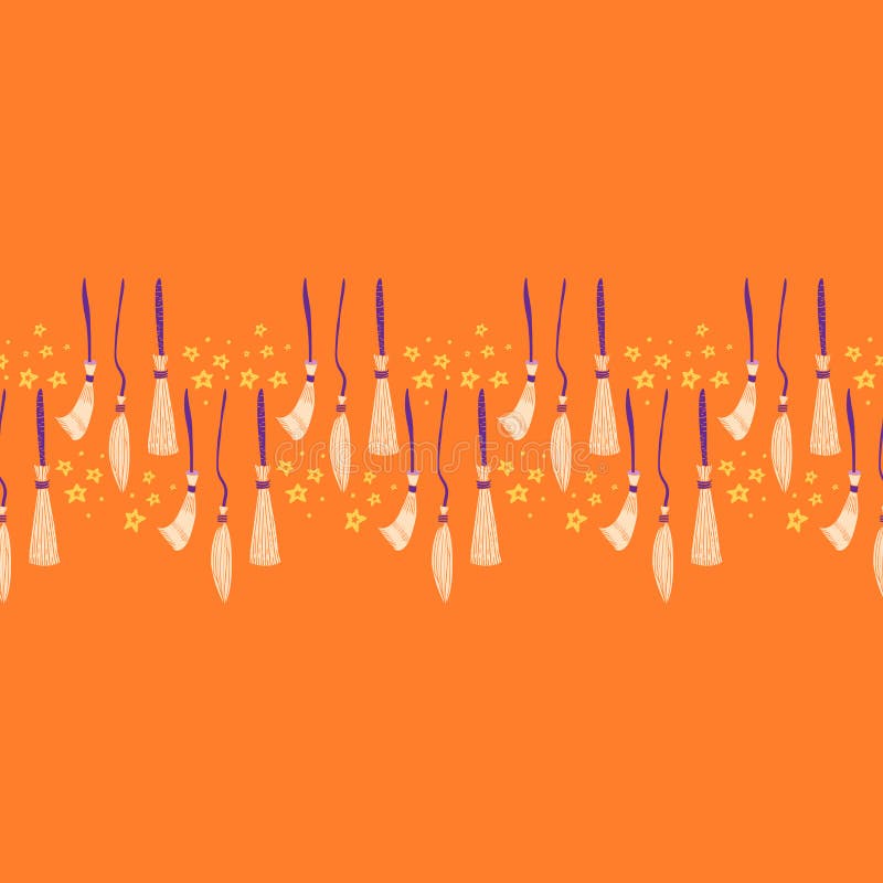 Witch Broom Vector Seamless Pattern. Witchy Horizontal Border for ...