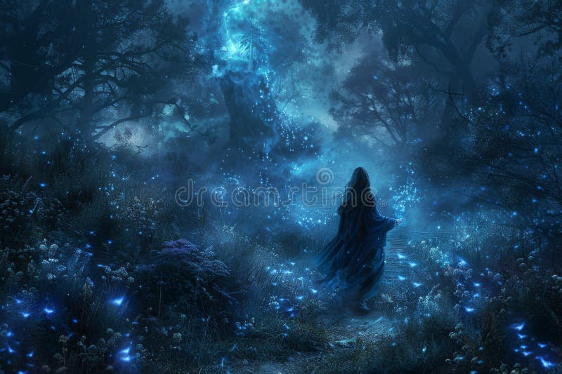A Witch Cast Magic To Enchanted Forest at Night with Trees and Plants ...