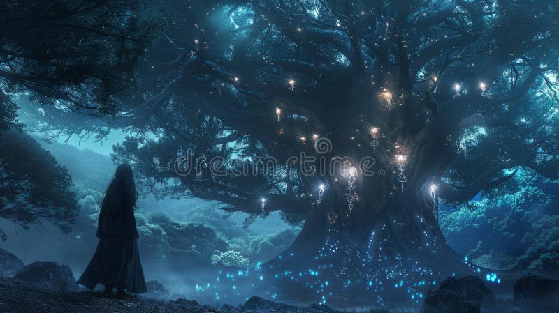 A Witch Cast Magic To Enchanted Forest at Night with Trees and Plants ...