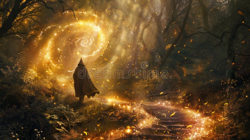 A Witch Cast Magic To Enchanted Forest at Night with Trees and Plants ...