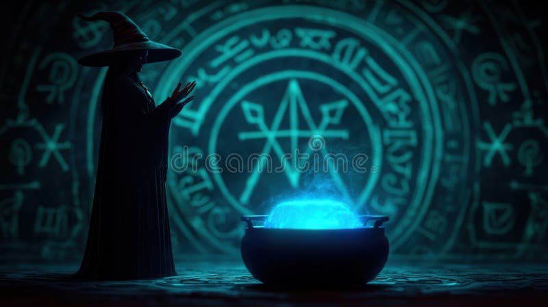 Witch Casting Spell with Cauldron and Magic Circle Stock Illustration ...