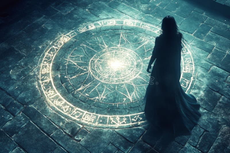 Witch is Casting a Spell Inside a Magic Circle with Glowing Runes in a ...