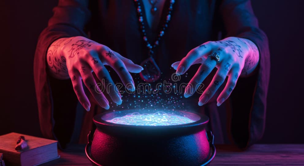 Witch Casting a Spell Over Glowing Cauldron Stock Illustration ...