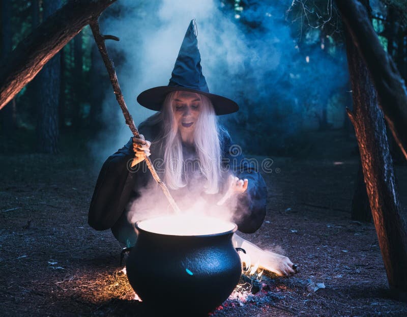 A Witch Casting Spells Around a Glowing Cauldron in the Forest on ...