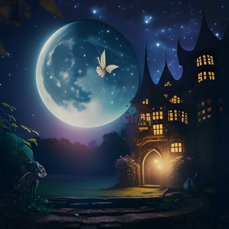 Witch Castle in Full Moon Night Stock Illustration - Illustration of ...