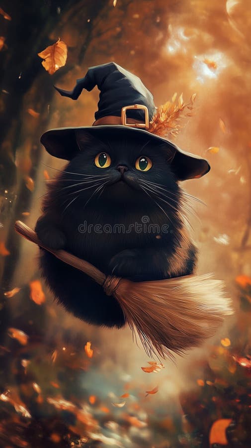 Witch cat on broom stock photo. Image of halloween, broomstick - 341738922