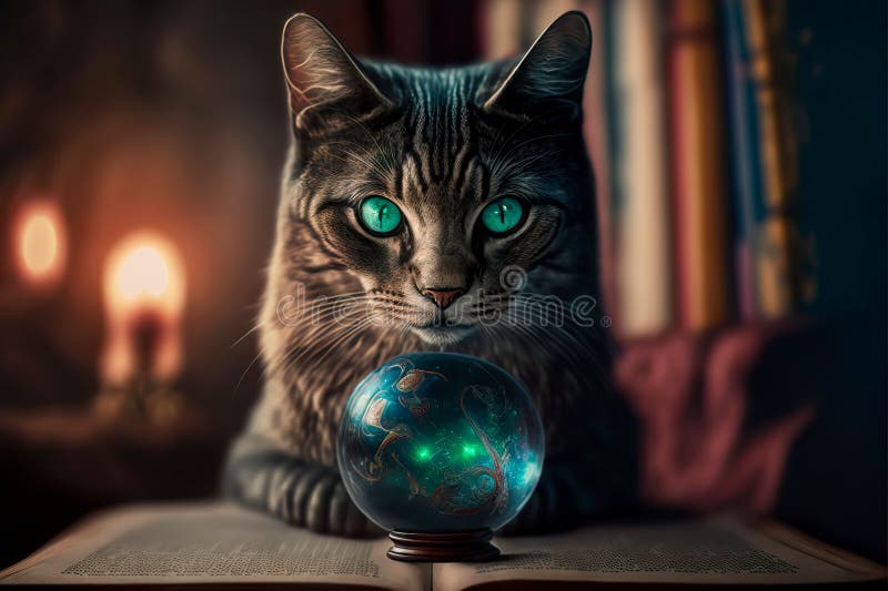 Witch Cat with Crystal Ball and Magic Spell Book . Generative AI Stock ...