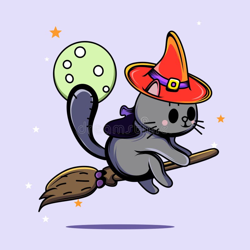 Witch cat fly to moon stock vector. Illustration of broomstick - 269371143