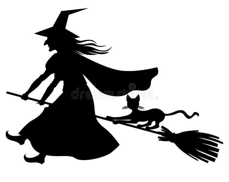 Witch and Cat Flying on Broom Stock Vector - Illustration of claws ...