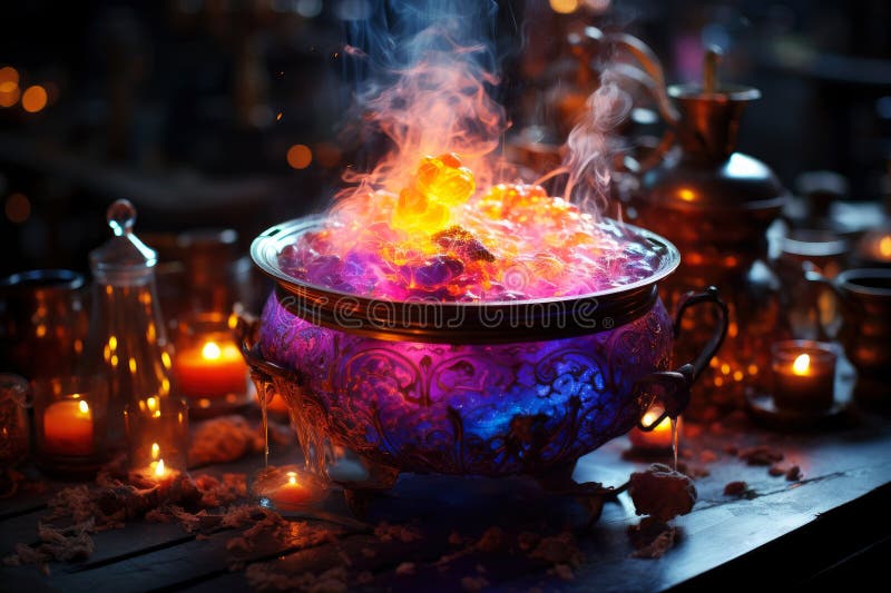 Witch Cauldron with Boiling Luminous Potion and Various Magic Ritual ...