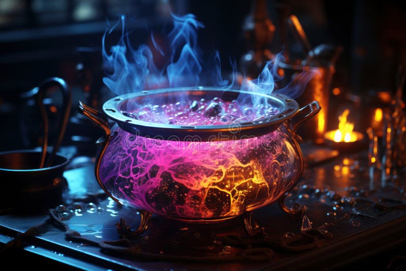 Witch Cauldron with Boiling Luminous Potion and Various Magic Ritual ...