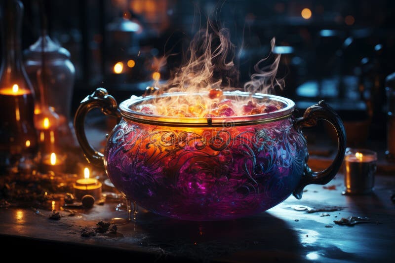 Witch Cauldron with Boiling Luminous Potion and Various Magic Ritual ...