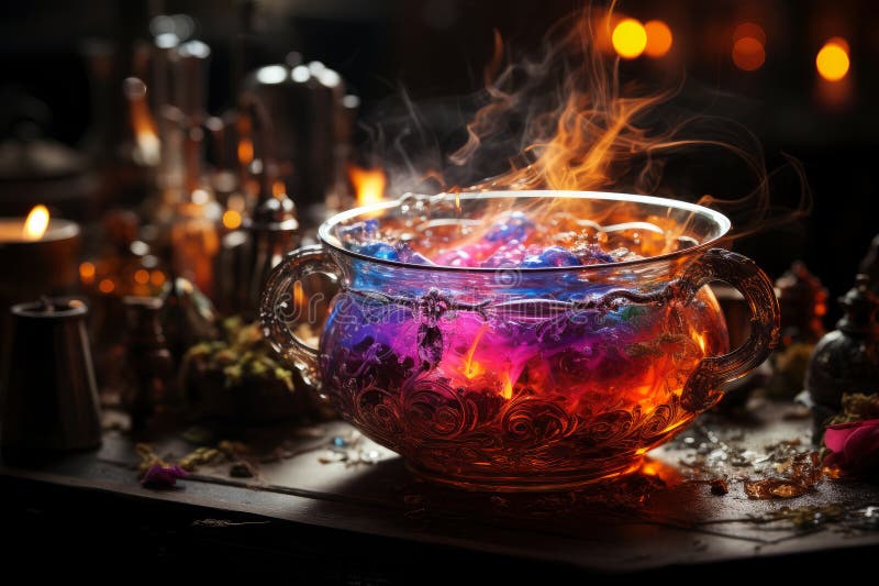 Witch Cauldron with Boiling Luminous Potion and Various Magic Ritual ...