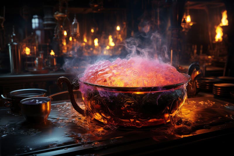 Witch Cauldron with Boiling Luminous Potion and Various Magic Ritual ...