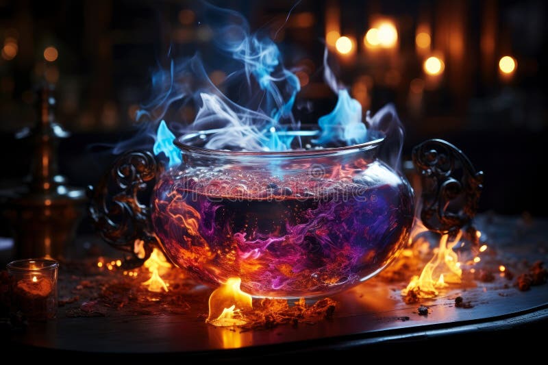 Witch Cauldron with Boiling Luminous Potion and Various Magic Ritual ...