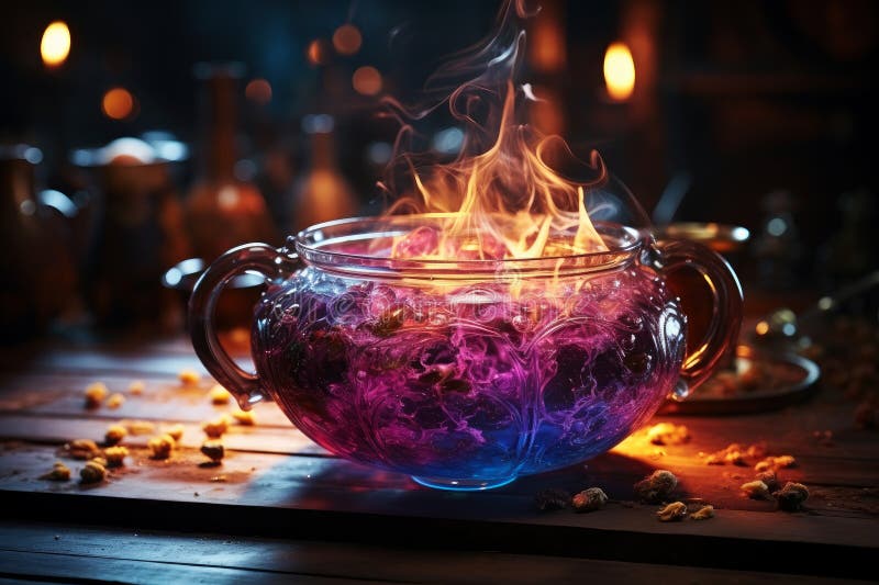 Witch Cauldron with Boiling Luminous Potion and Various Magic Ritual ...