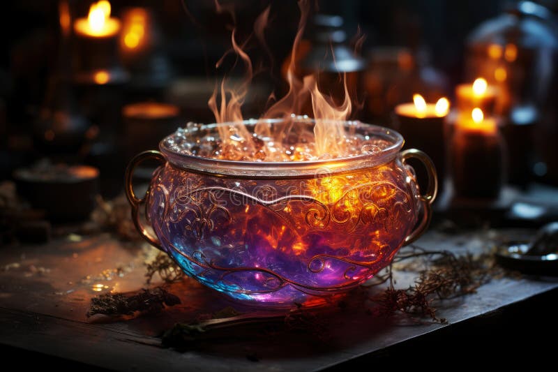 Witch Cauldron with Boiling Luminous Potion and Various Magic Ritual ...