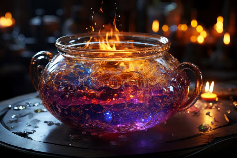 Witch Cauldron with Boiling Luminous Potion and Various Magic Ritual ...