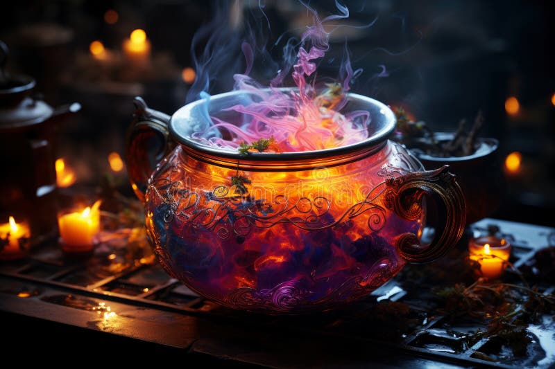 Witch Cauldron with Boiling Luminous Potion and Various Magic Ritual ...