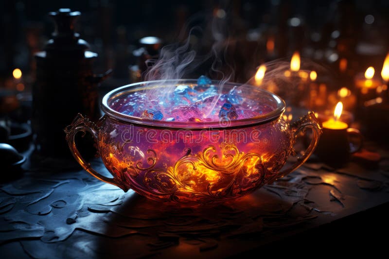 Witch Cauldron with Boiling Luminous Potion and Various Magic Ritual ...