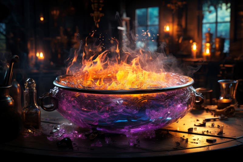 Witch Cauldron with Boiling Luminous Potion and Various Magic Ritual ...