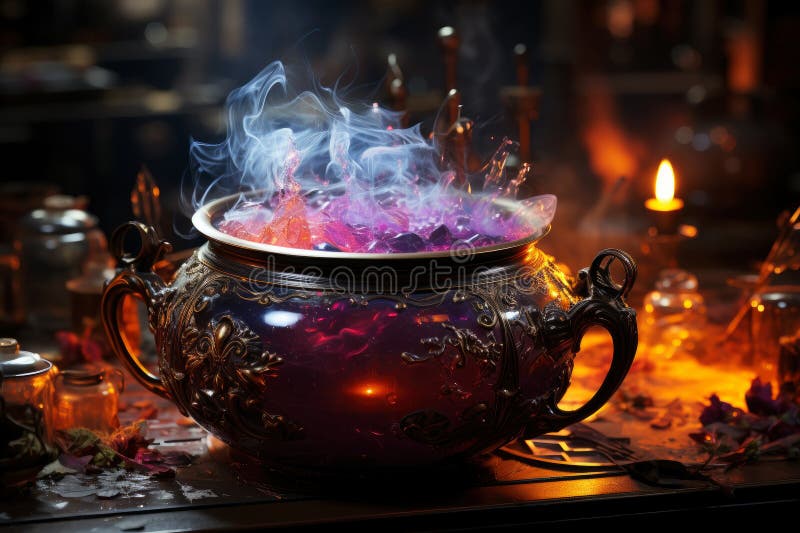 Witch Cauldron with Boiling Luminous Potion and Various Magic Ritual ...