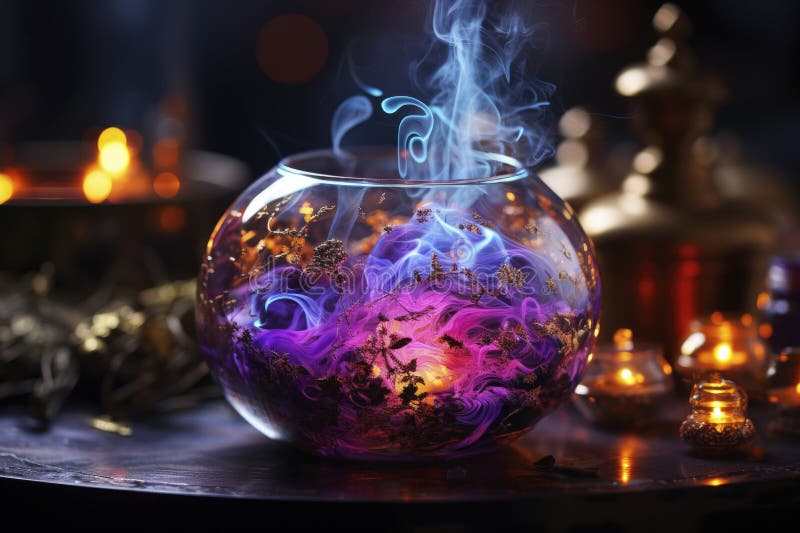 Witch Cauldron with Boiling Luminous Potion and Various Magic Ritual ...