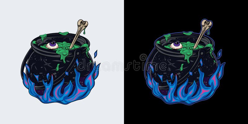 Witch Cauldron with Bubbling Green Liquid, Brew with Violet Eye, Bone ...