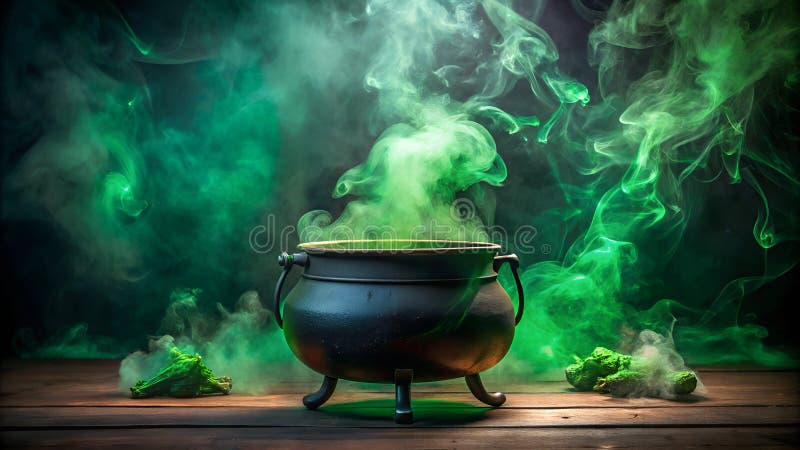 Witch Cauldron in a Dark Room Green Smoke. Stock Illustration ...