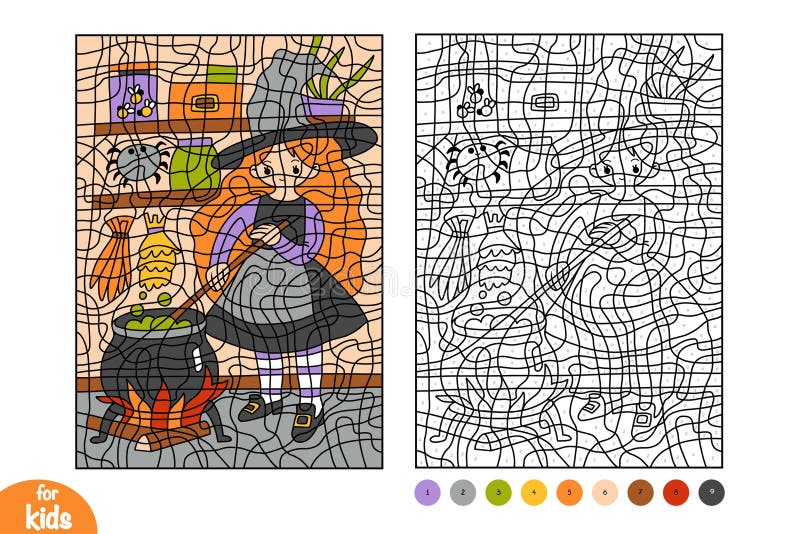 Witch and Cauldron with Magic Potion. Color by Number, Education Game ...