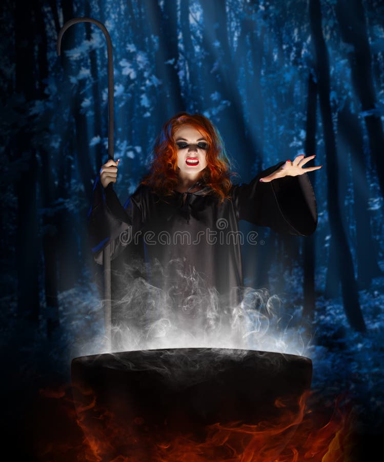 Witch with Cauldron at Night Forest Stock Photo - Image of beautiful ...
