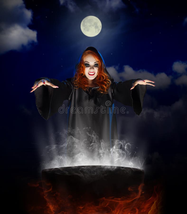Witch With Cauldron On Night Sky Background Stock Image - Image of ...