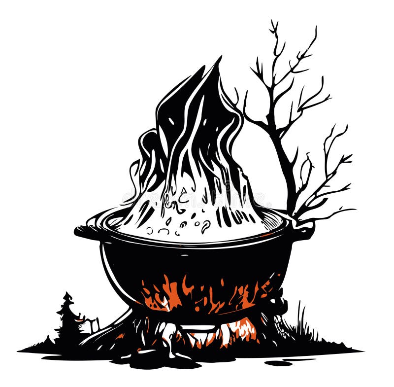 Witch Cauldron on Red Fire in the Forest Hand Drawn Sketch Vector ...