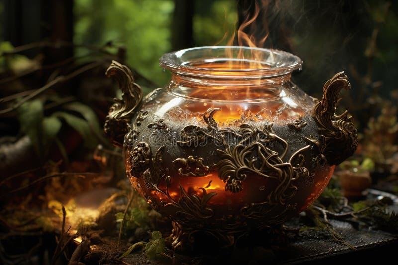Witch Cauldron Simmers with Bubbling Liquid, Casting Enchanting Glow in ...