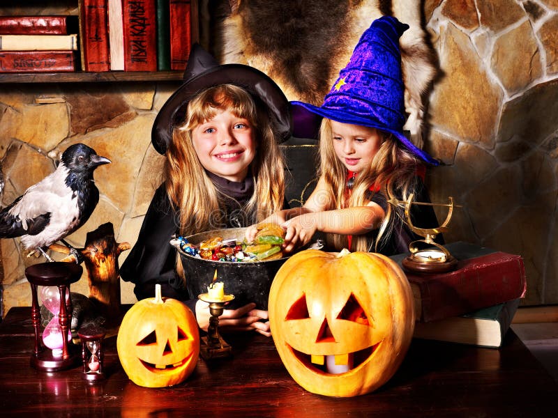 Witch Children at Halloween Party. Stock Photo - Image of squash ...