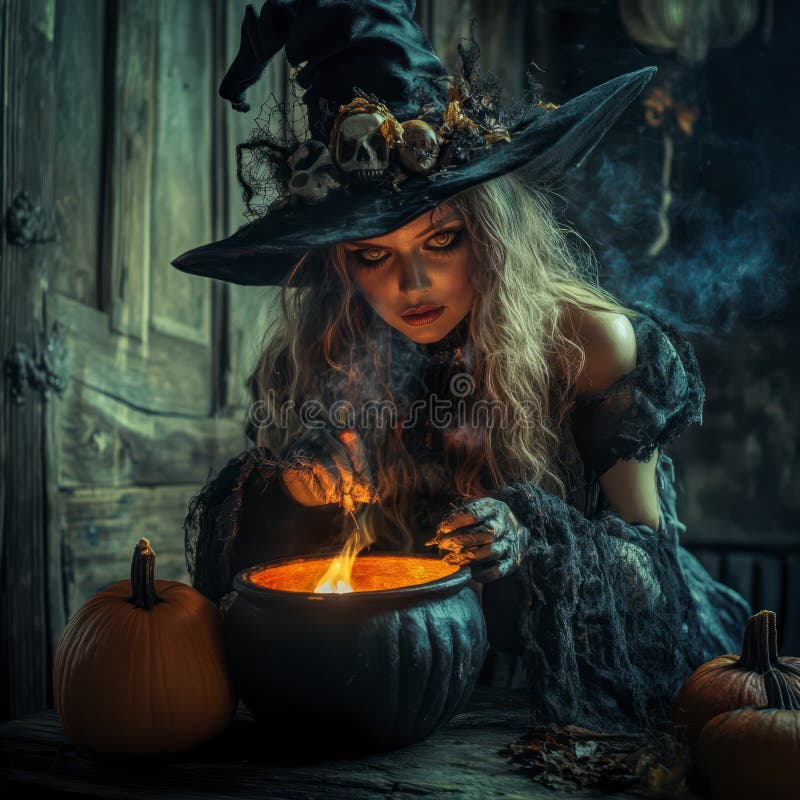 Witch Brewing Potions with Pumpkins in a Dimly Lit Rustic Setting Stock ...